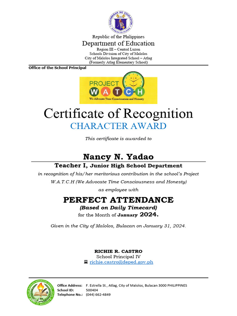 CERTIFICATE Project WATCH in Schoo PERFECTATTENDANCE January 2023 | PDF