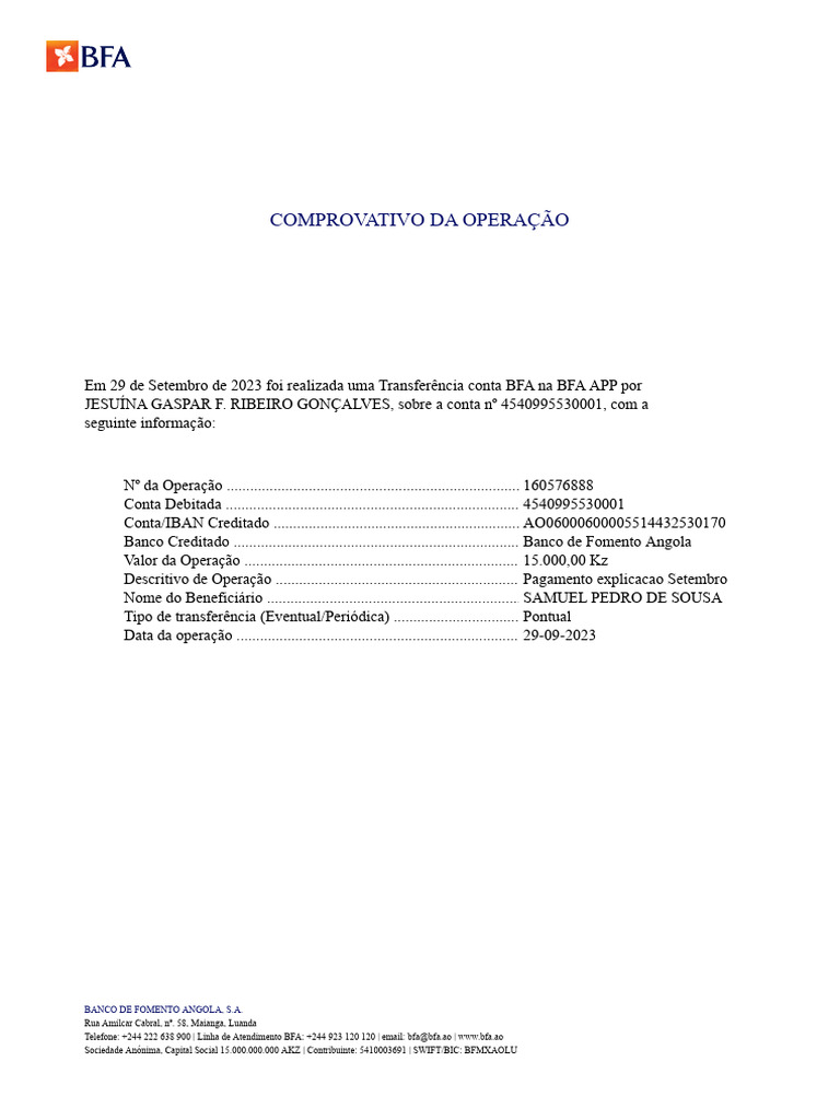 Comprovativo de Transferência BFA | PDF | Finanças e Administração de ...