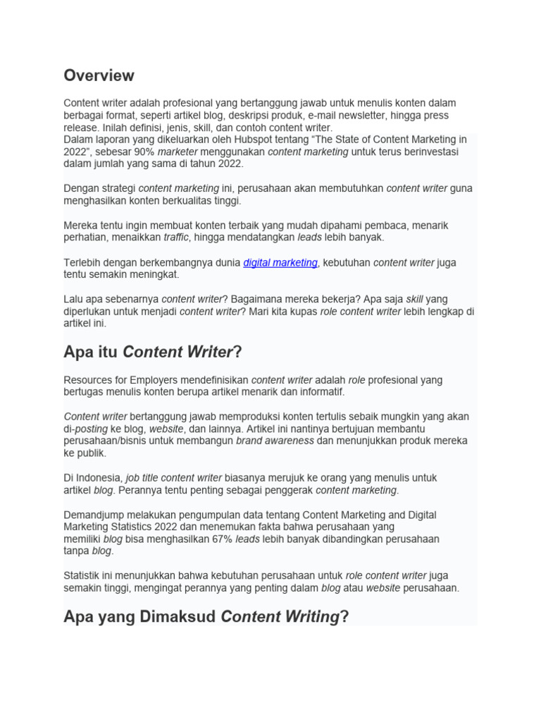 Peran dan Pentingnya Content Writer | PDF | Karier & Perkembangan | Bisnis