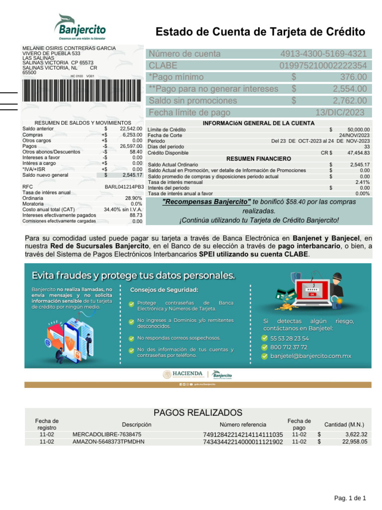 Edo Cuenta Banjercito Melanie Osiris Contreras Garcia | PDF | Tarjeta de crédito | Comercio