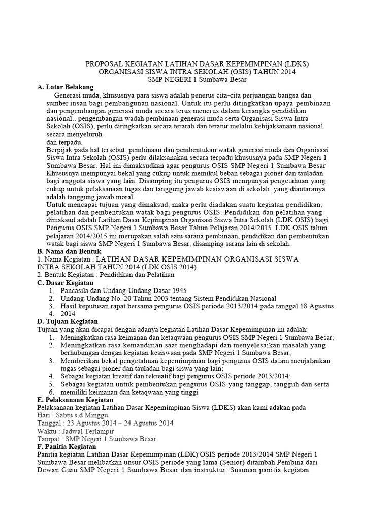 Proposal LDKS OSIS SMP Negeri 1 Sumbawa | PDF