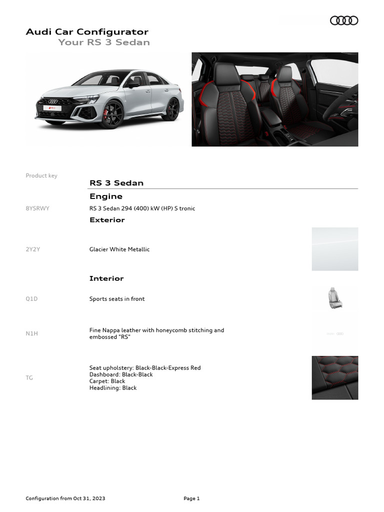 Audi RS3 Sedan - 294 HP (400) KW S Tronic With Key Cover Glacier White ...