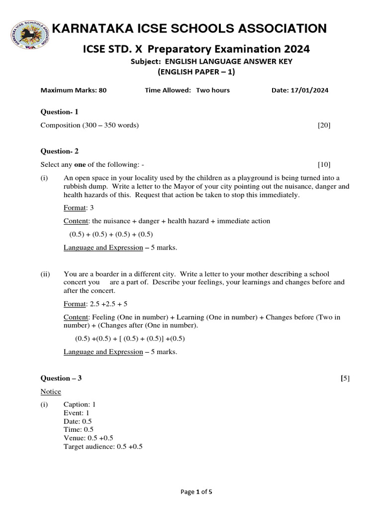 English Language Paper 1 - Answer Key | PDF