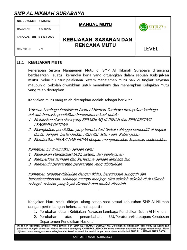 MM-02 Kebijakan, Sasaran, Dan Rencana Mutu | PDF | Bisnis