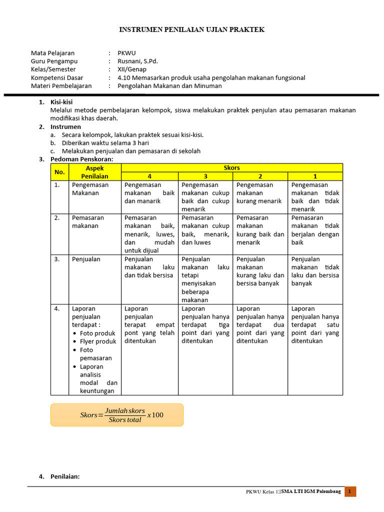 Rubrik Penilaian Ujian Praktek Pkwu | PDF