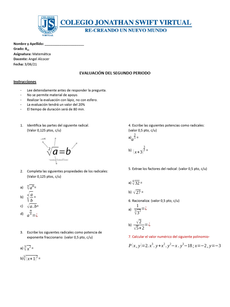 Evaluación De Matemática 8vo Pdf Matemáticas álgebra