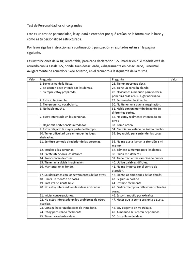 Test de Personalidad Los Cinco Grandes | PDF
