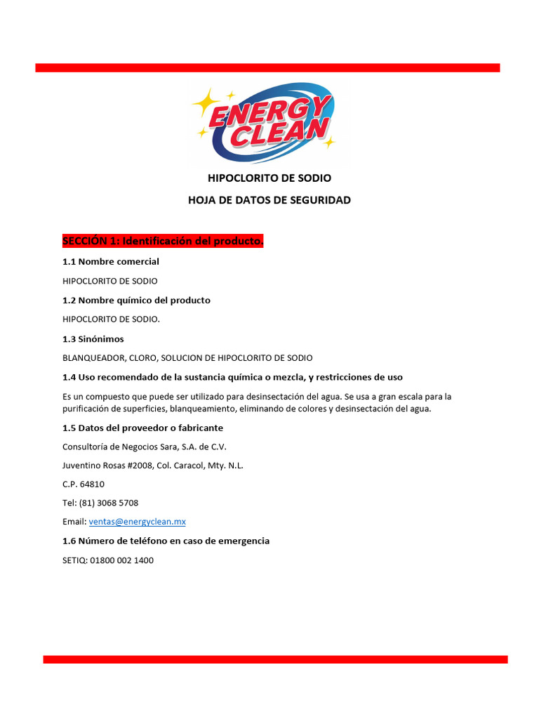 Hoja de Seguridad Hipoclorito de Sodio | PDF | Residuos | Quemar