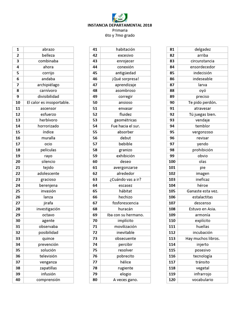 Palabras para 6to y 7mo Grado. Departamental 2018 1 | PDF