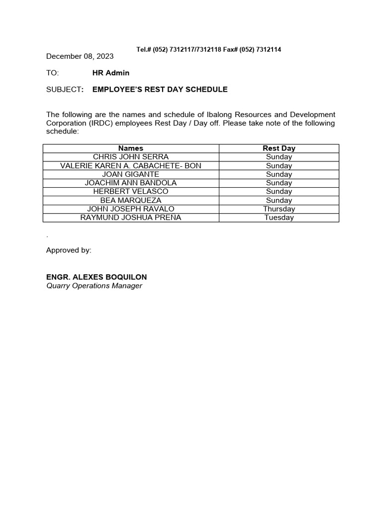 Employee Rest Day Schedule | PDF
