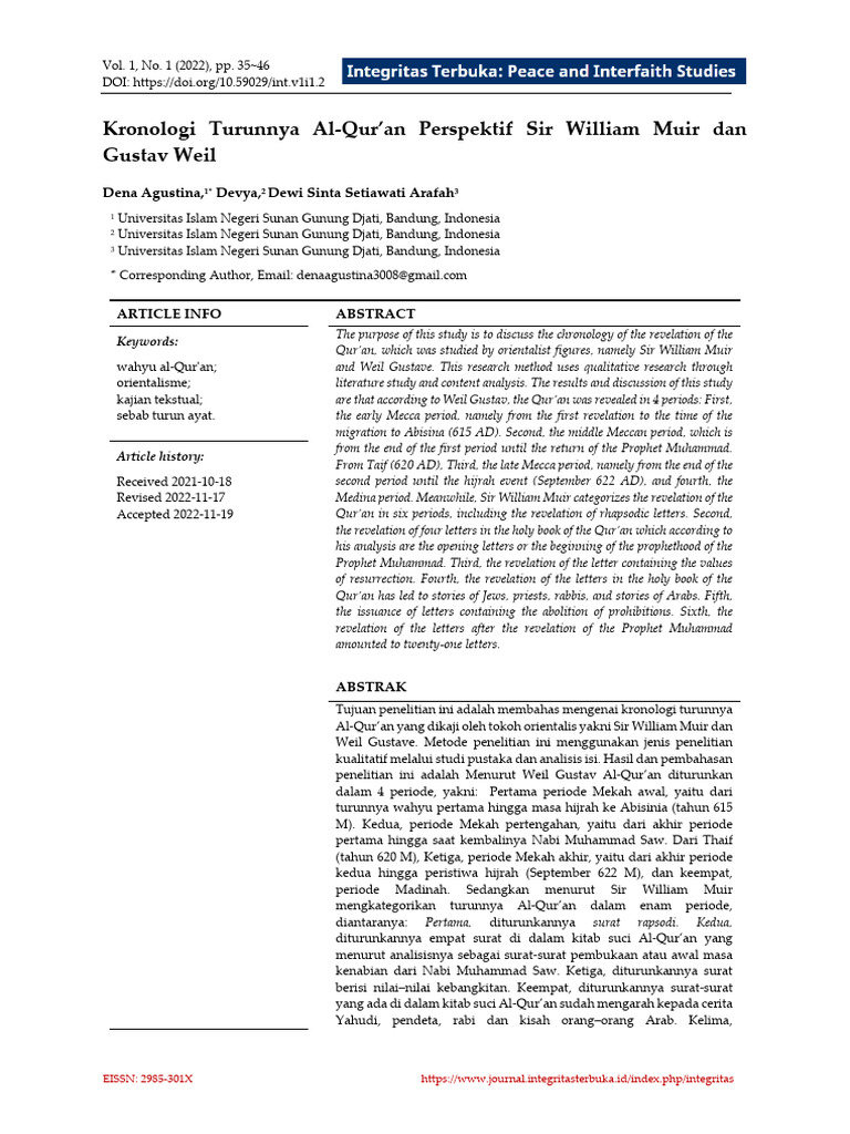 Kronologi Turunnya Al Qur An Perspektif William Muir Dan Gustav Weil | PDF | Quran | Islam