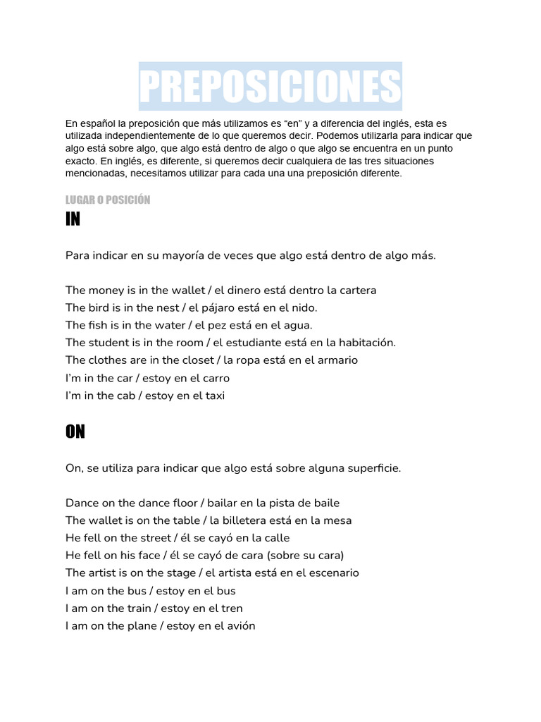 Preposiciones - Lugar, Posición y Tiempo | PDF