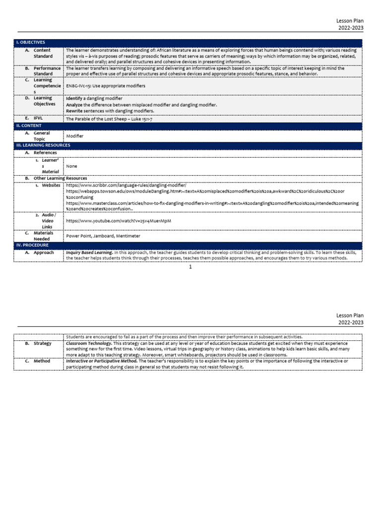 Lesson Plan Dangling Modifier | PDF | Learning | Lesson Plan