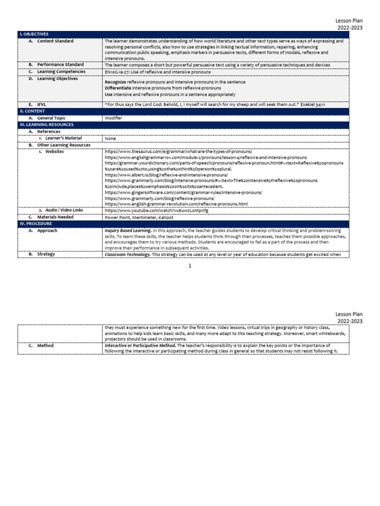 Lesson Plan Reflexive and Intensive Pronouns | PDF | Pronoun | Learning