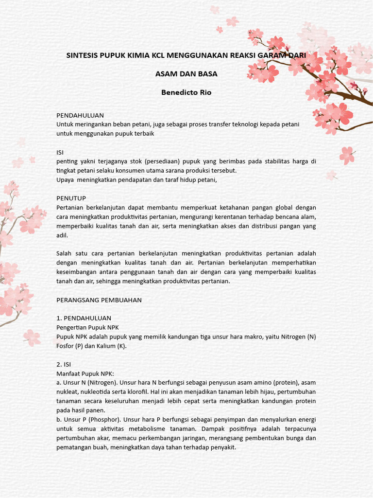 Sintesis Pupuk KCL untuk Pertanian Berkelanjutan | PDF