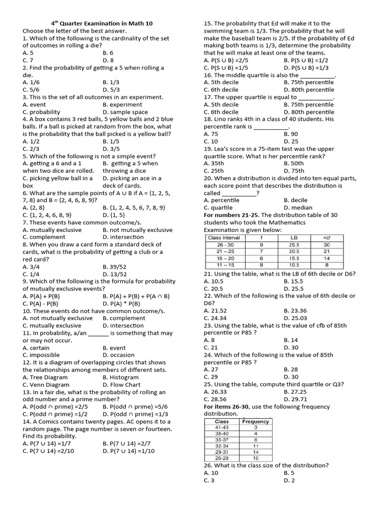 4th Quarter Examination in Math 10 | PDF | Sampling (Statistics) | Percentile
