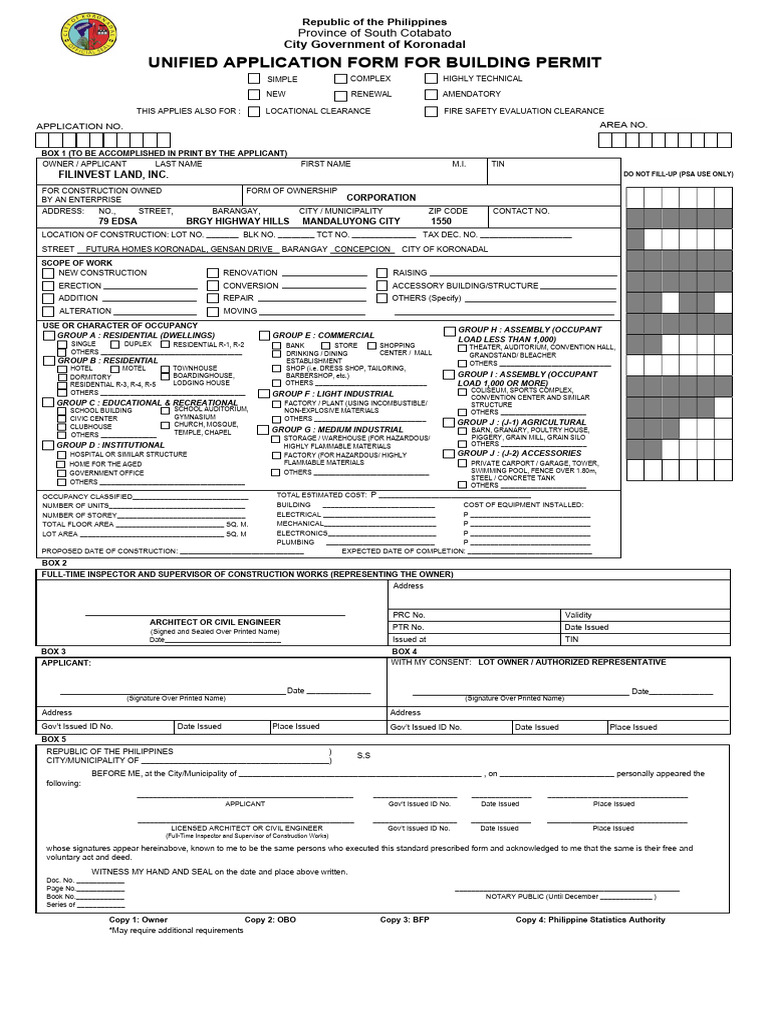 Unified Application Form For Building Permit - Koronadal | PDF