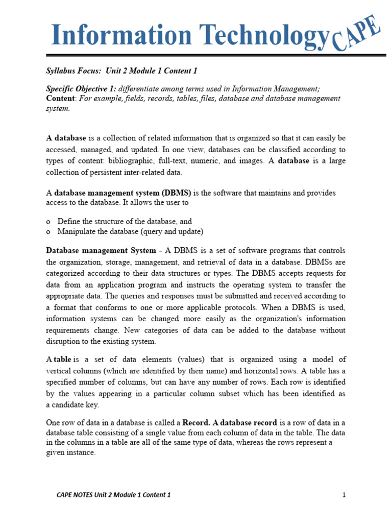 IT Unit2-Module-1-Content-1 | PDF | Databases | Database Index