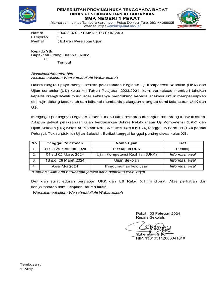 Surat Edaran Ujian | PDF