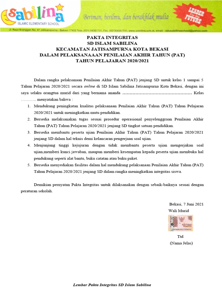 Pakta Integritas PAT SD Sabilina | PDF