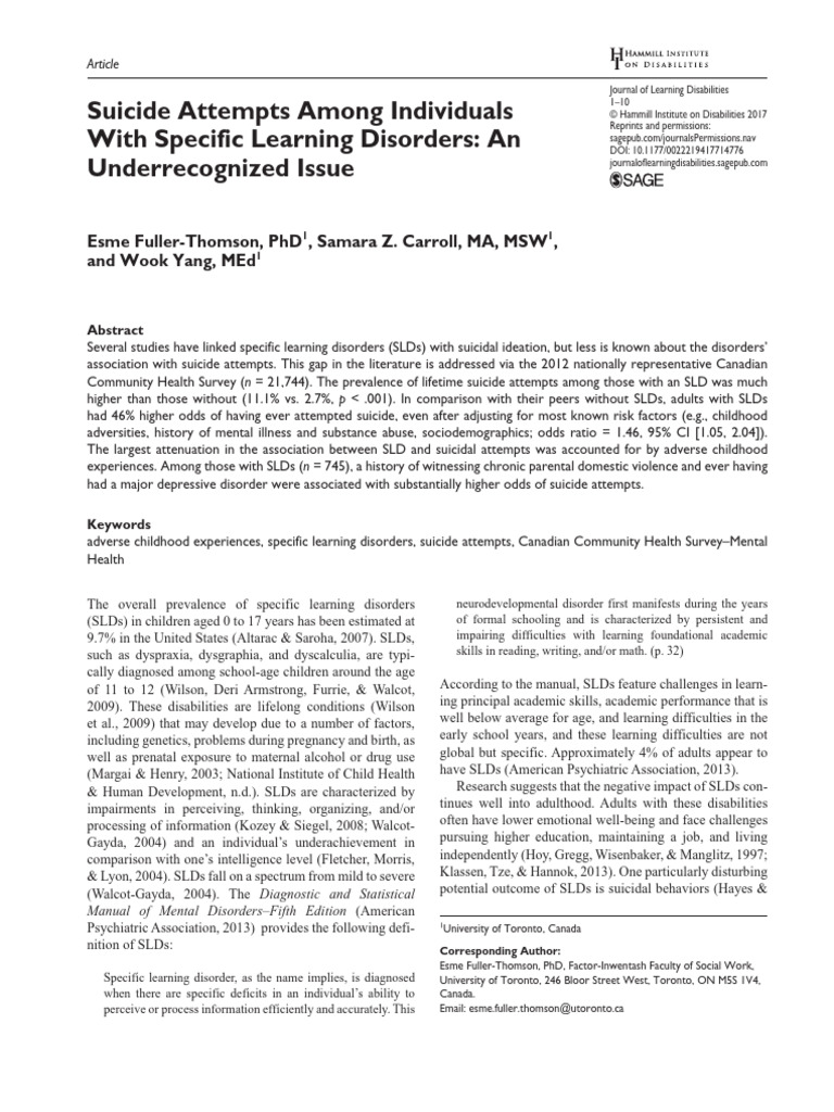 Fuller-Thomson, Et Al. (2017) - Suicide Attempts Among Individuals With ...