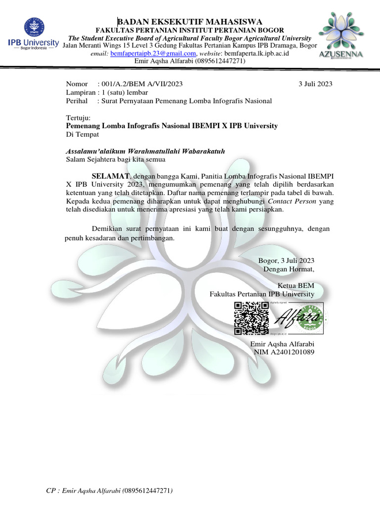 Surat Pernyataan Pemenang Lomba Ibempi X Ipb-Signed | PDF