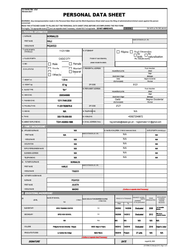 CS Form No. 212 Personal Data Sheet Revised | PDF
