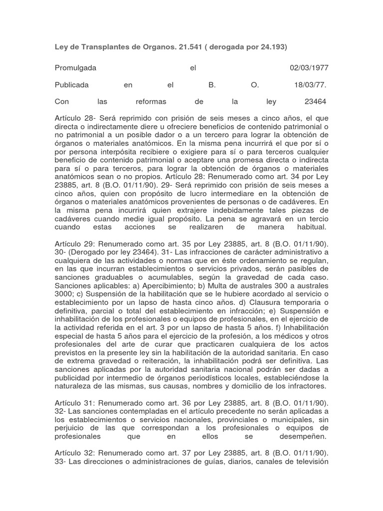 Ley de Transplantes de Organos. 21.541 (Derogada Por 24.193) | PDF ...