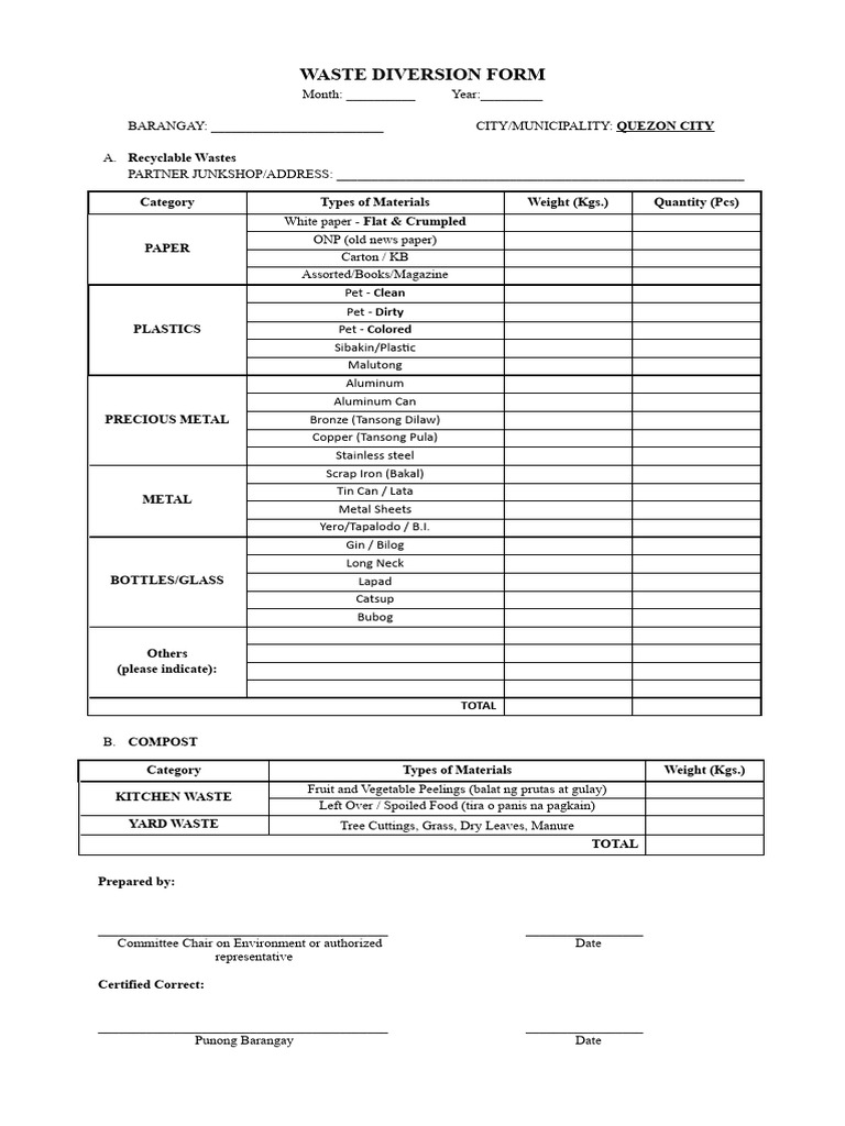 Waste Diversion Form | PDF | Scrap | Materials