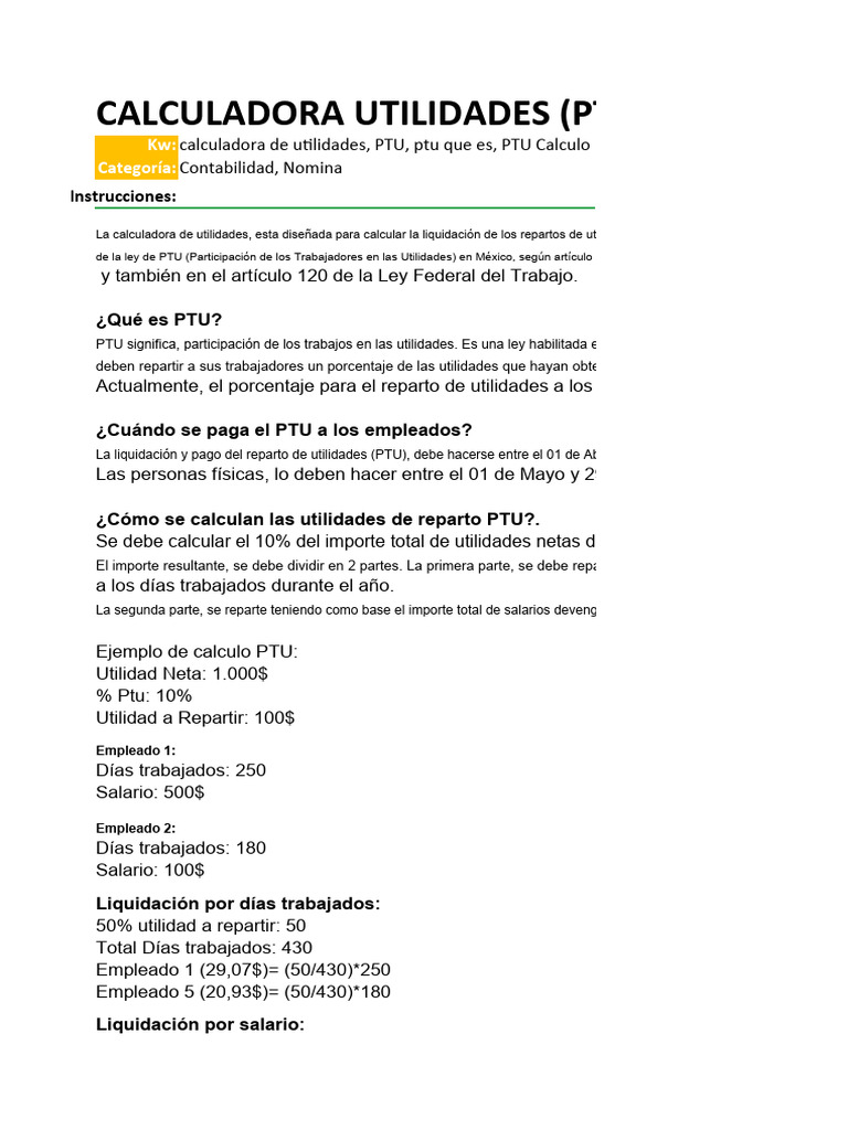 Calculadora de Utilidades PTU | PDF | Salario | Microsoft Excel