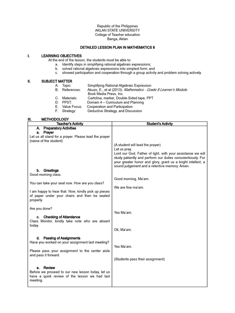Jane Lesson Plan 1 | PDF | Factorization | Equations