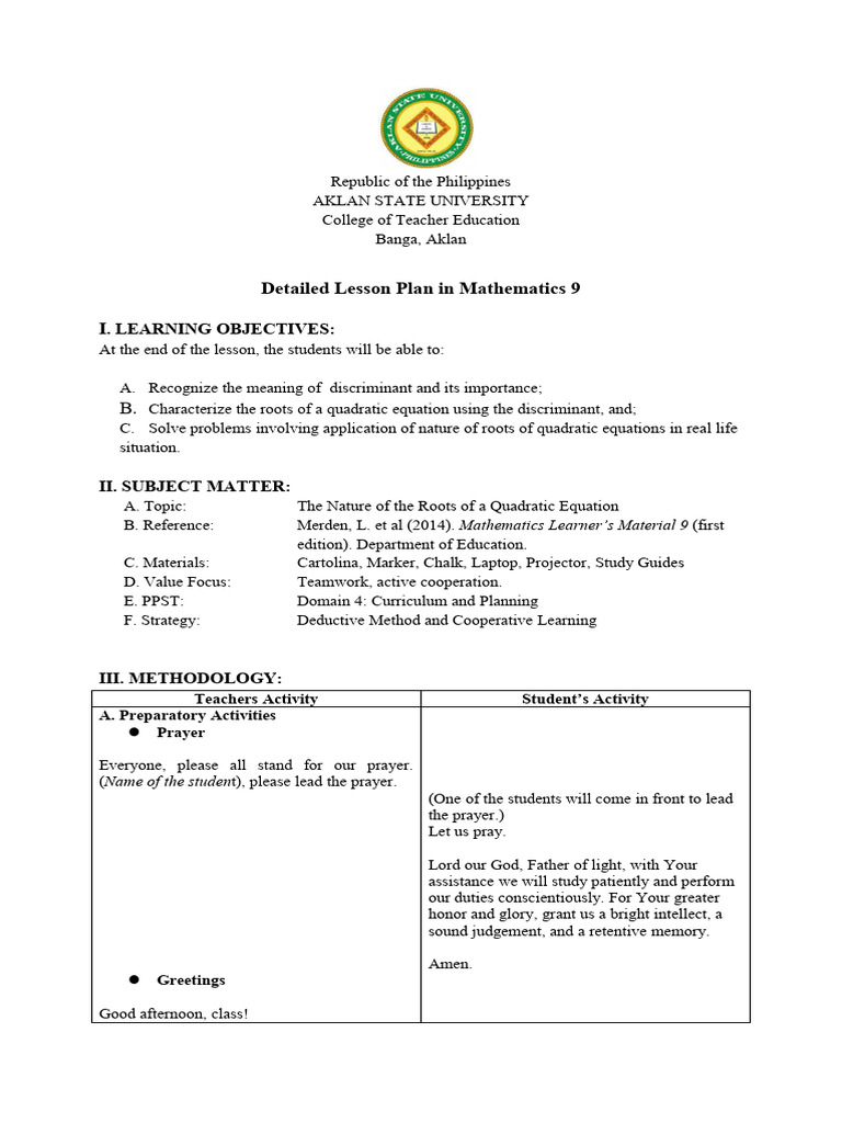 Quadratic Equation Roots Lesson Plan | PDF | Quadratic Equation | Lesson Plan