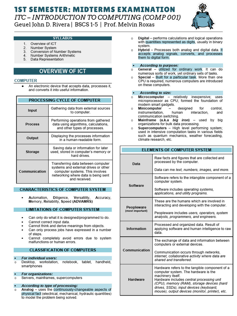 Itc Reviewer 1stsemmid | PDF | Subtraction | Computer Hardware