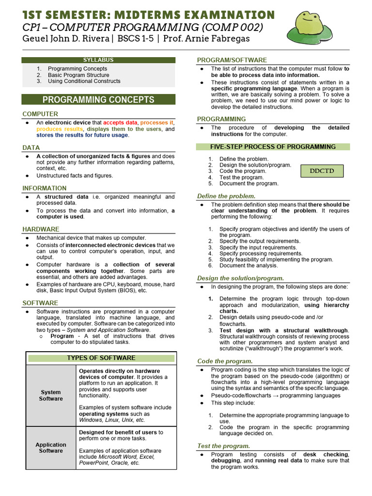 Cp1 Reviewer 1stsemmid Pdf Programming Computer Program