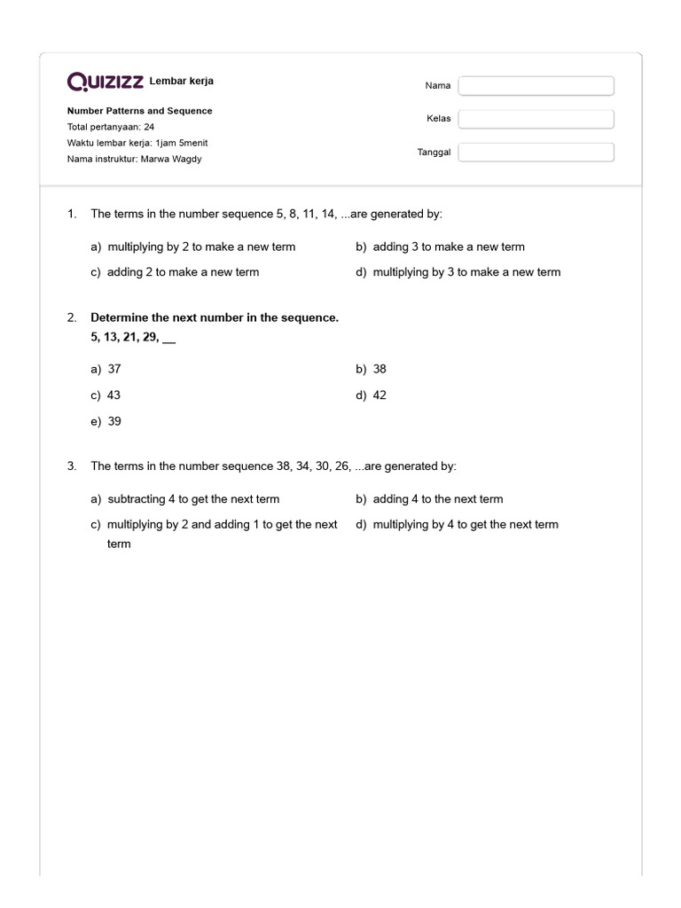 Number Patterns & Sequences Quiz | PDF | Mathematics | Arithmetic