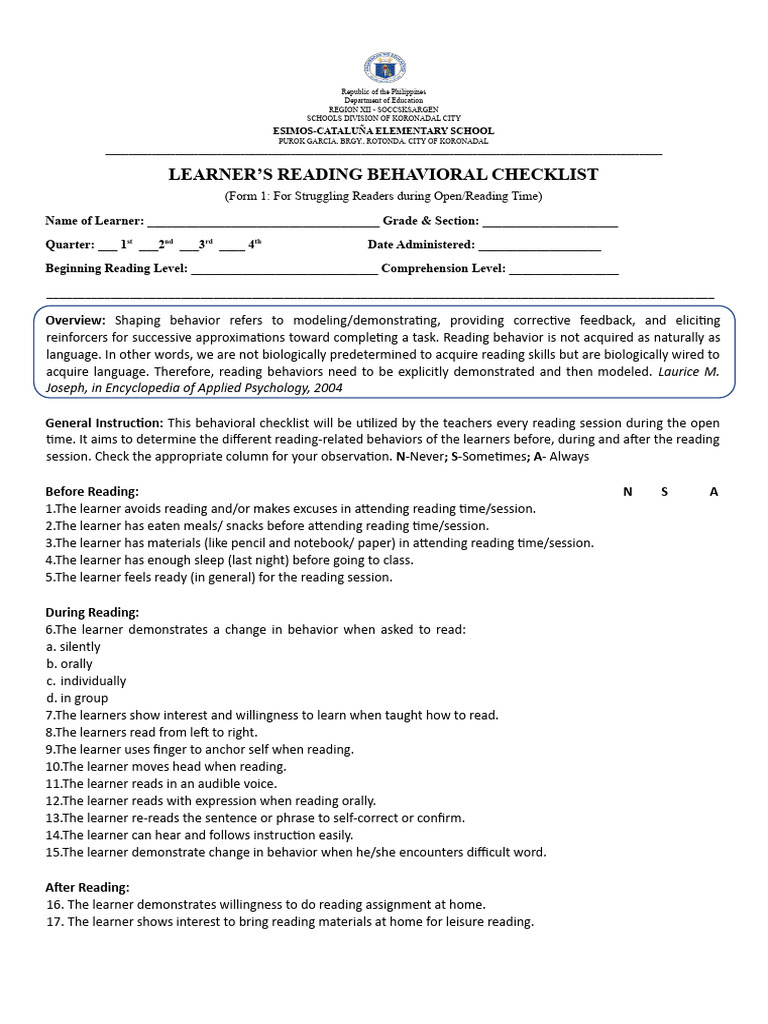 Reading Behavioral Checklist - 2023 | PDF | Learning | Human Communication