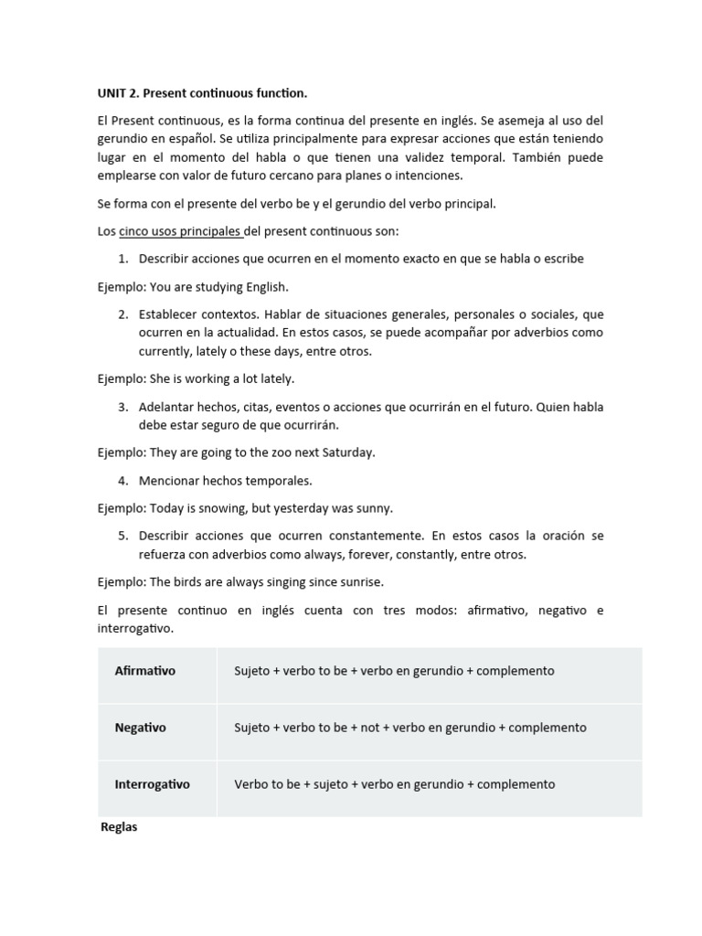 UNIT 2_Present continuous tema | PDF | Verbo | Mecánica del lenguaje