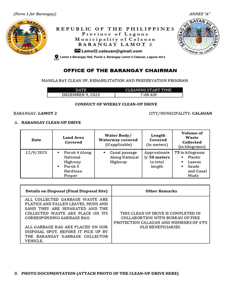 Lamot2 Weekly Clean Up Drive 1292023 | PDF | Waste Management | Waste