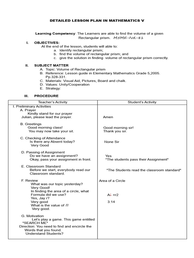 Detailed Lesson Plan in Mathematics V | PDF | Rectangle | Lesson Plan