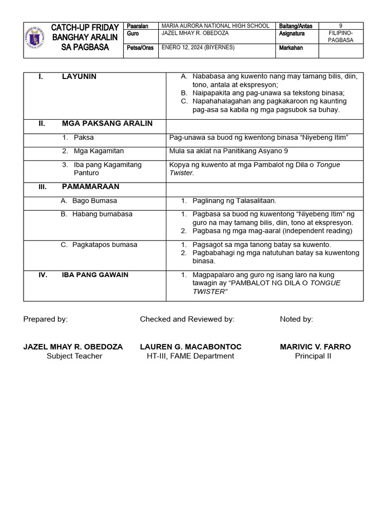 Dll for Catch Up Friday | PDF