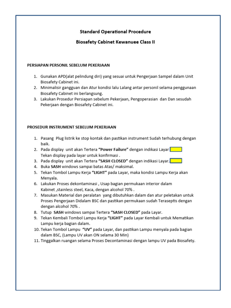 SOP BSC Class II Kewanuee | PDF | Teknologi & Rekayasa