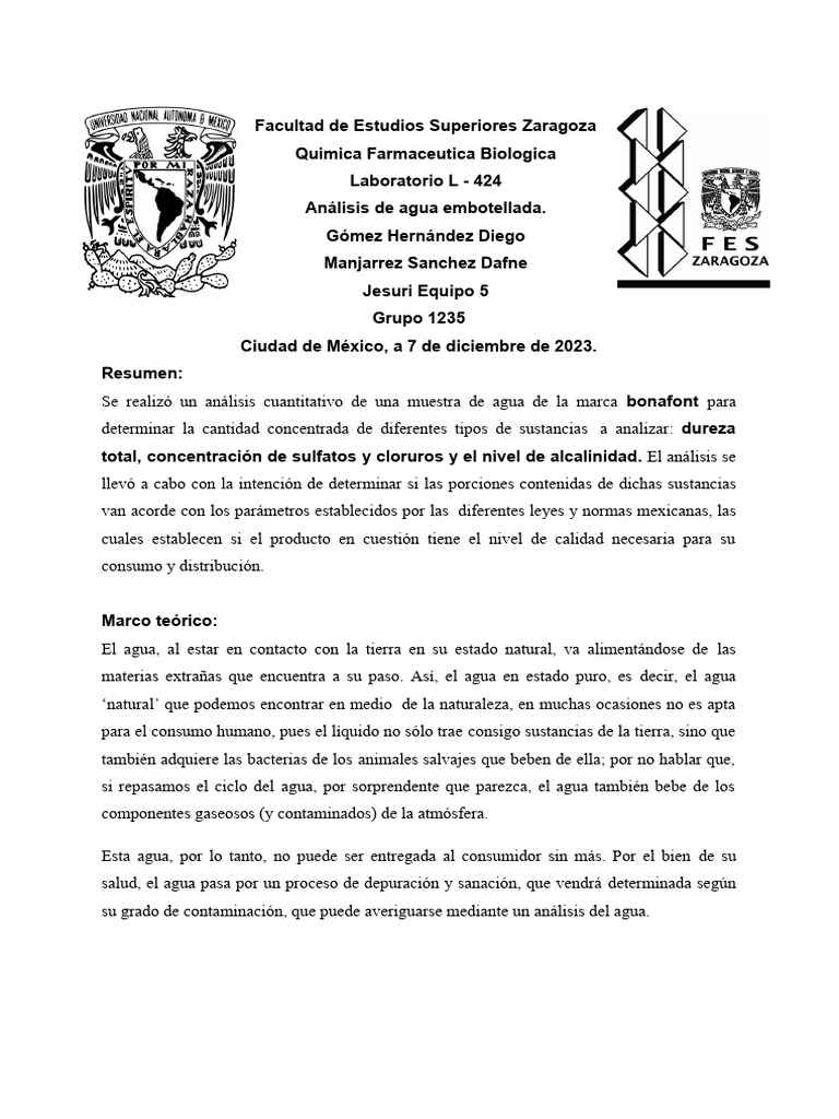 AnálisisAgua Equipo5 LCBII 1235 | PDF | Agua | Ácido clorhídrico