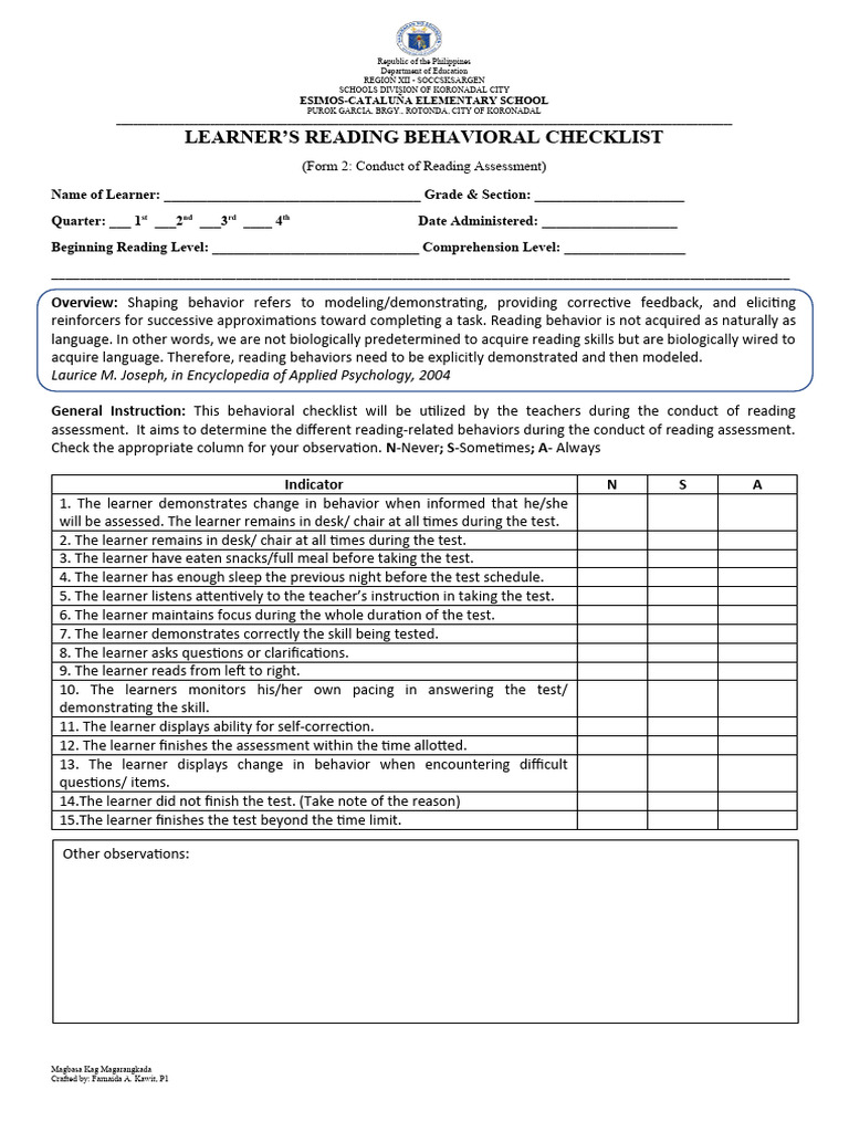 Reading Assessment Behavioral Checklist - Form 2 | PDF | Learning | Cognitive Science