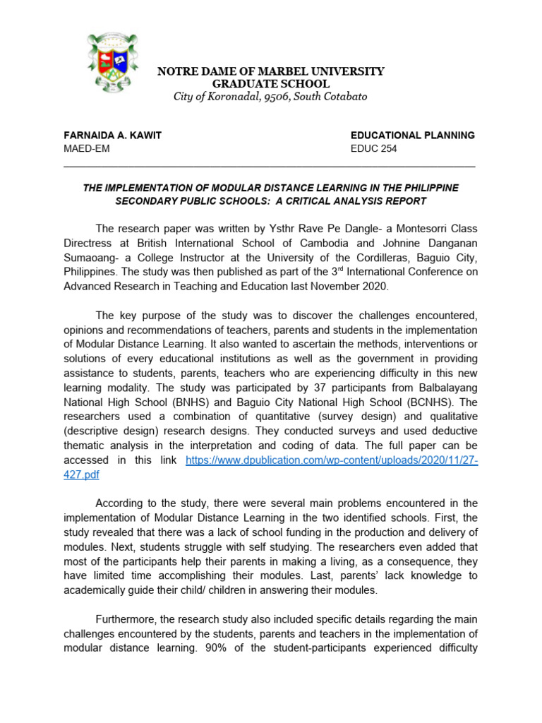 Critical Paper - Educational Planning | PDF | Learning | Distance Education