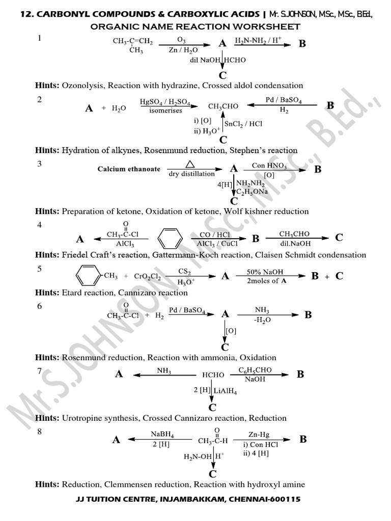 Class 12 Organic Name Reactions Worksheet | PDF