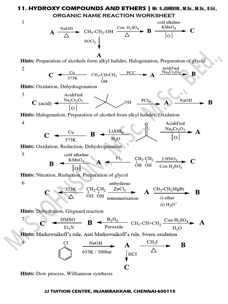 12th STD - 11.organic Name Reaction Worksheet - JJ Tuition Centre | PDF
