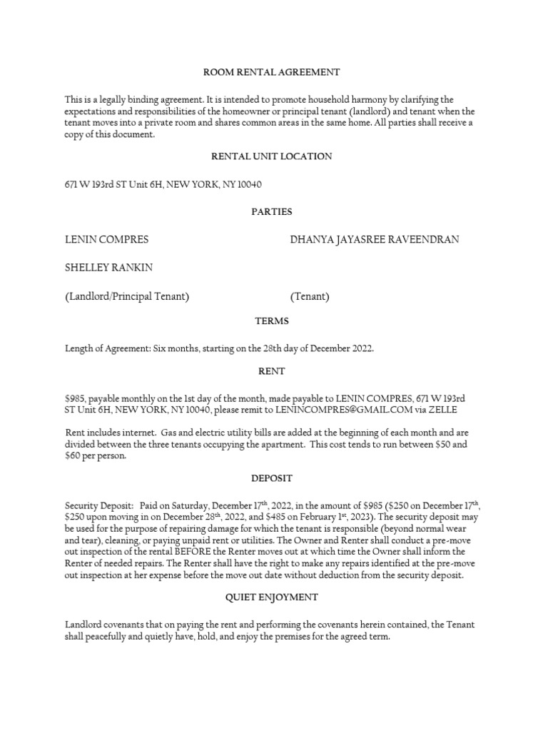 Room Rental Agreement - Dhanya Jayasree Raveendran - Signed | PDF ...