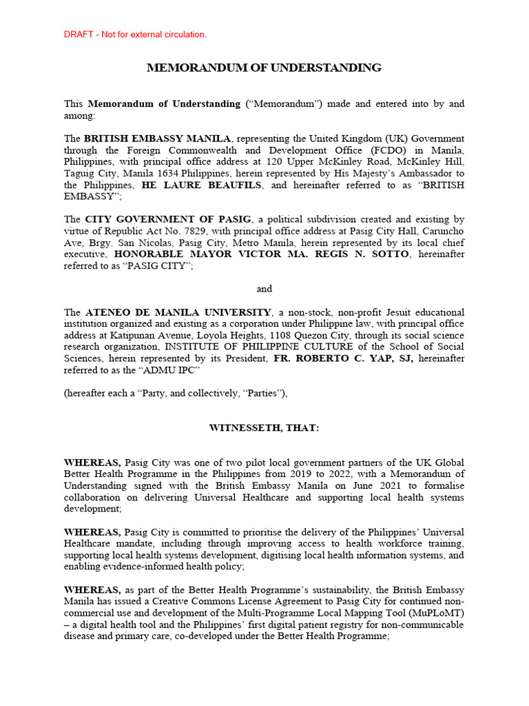 MEMORANDUM OF UNDERSTANDING - Draft v1 - British Embassy Ateneo Pasig City - For Review of Pasig ...