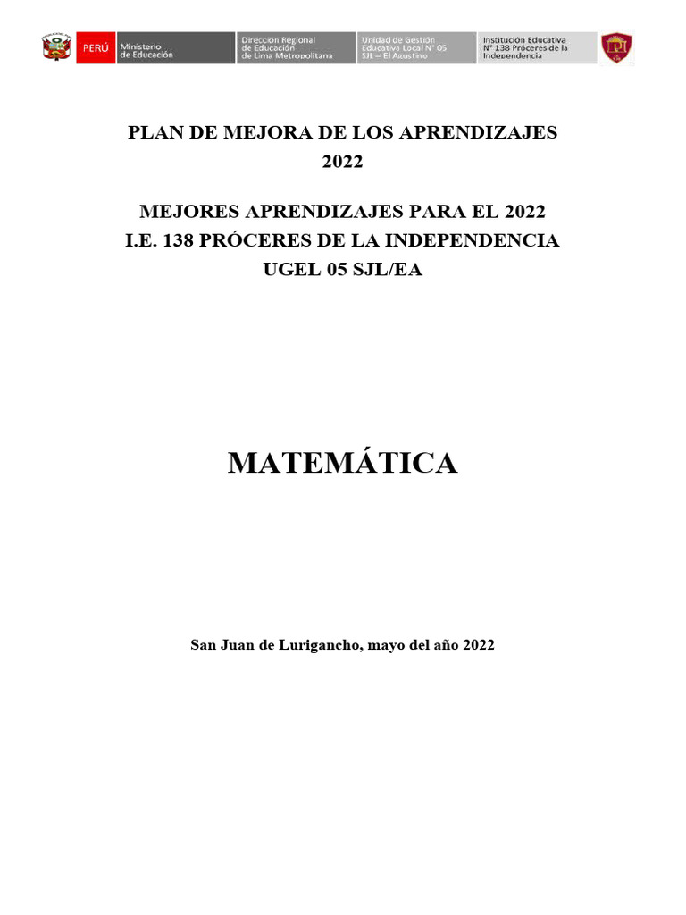 Plan Matemáticas 2022: Mejora Aprendizajes | PDF | Aprendizaje | Enseñando