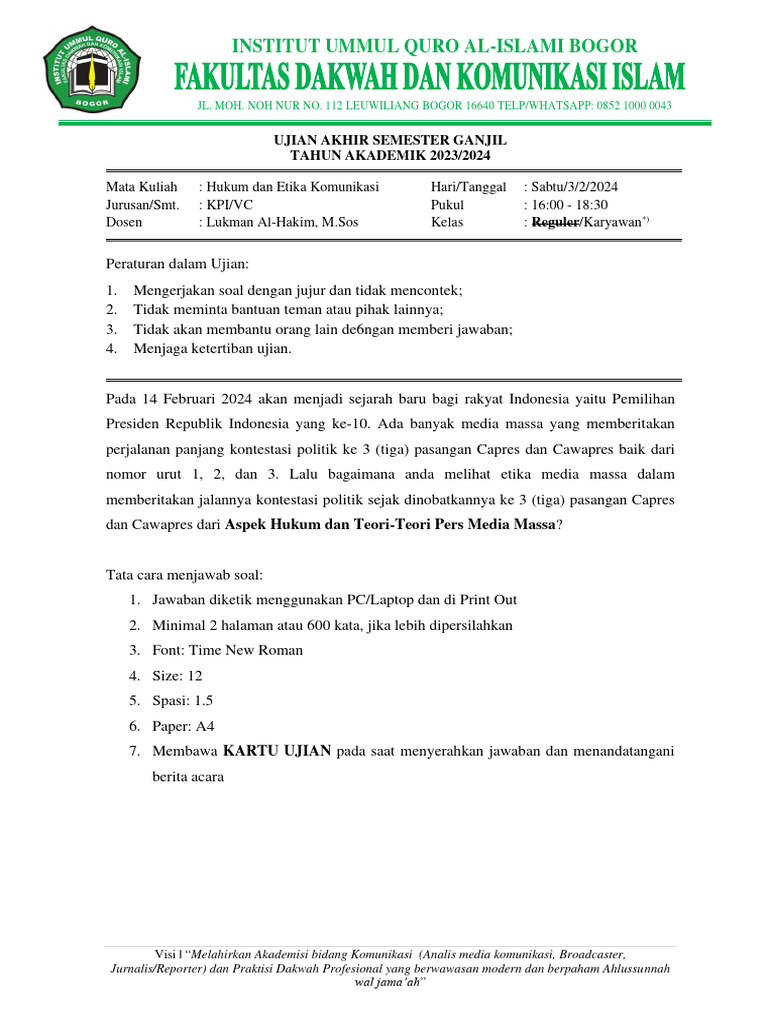 Soal UAS Hukum Dan Etika Komunikasi - KPI VC | PDF